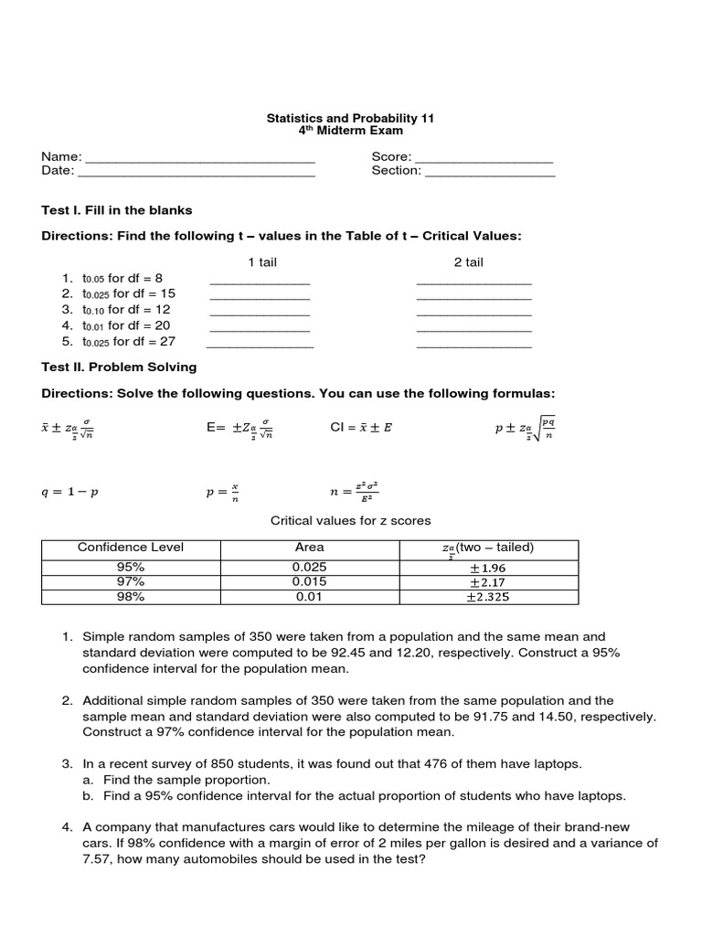 Statistics and Probability Test | PDF | Confidence Interval | Standard ...