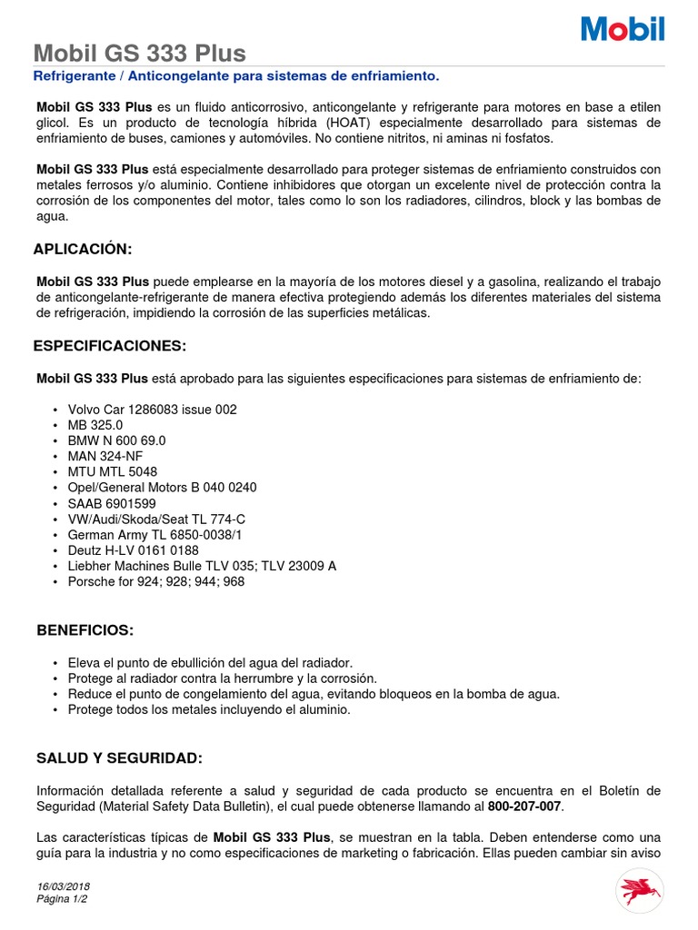 Mobil GS 333 Plus: Refrigerante Eficaz | PDF | Corrosión | Vehículo de ...