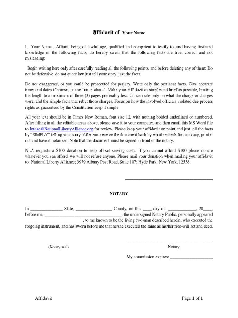 NLA Affidavit Foreclosure Template | Affidavit | Notary Public