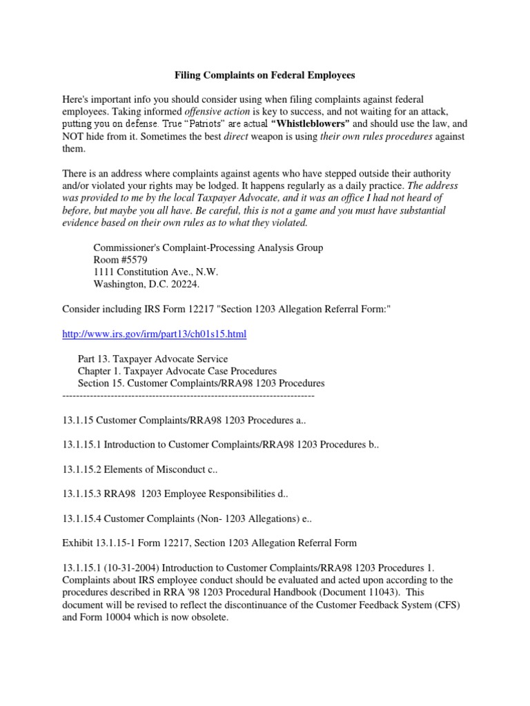 Filing Complaints On Federal Employees | PDF | Internal Revenue Service ...