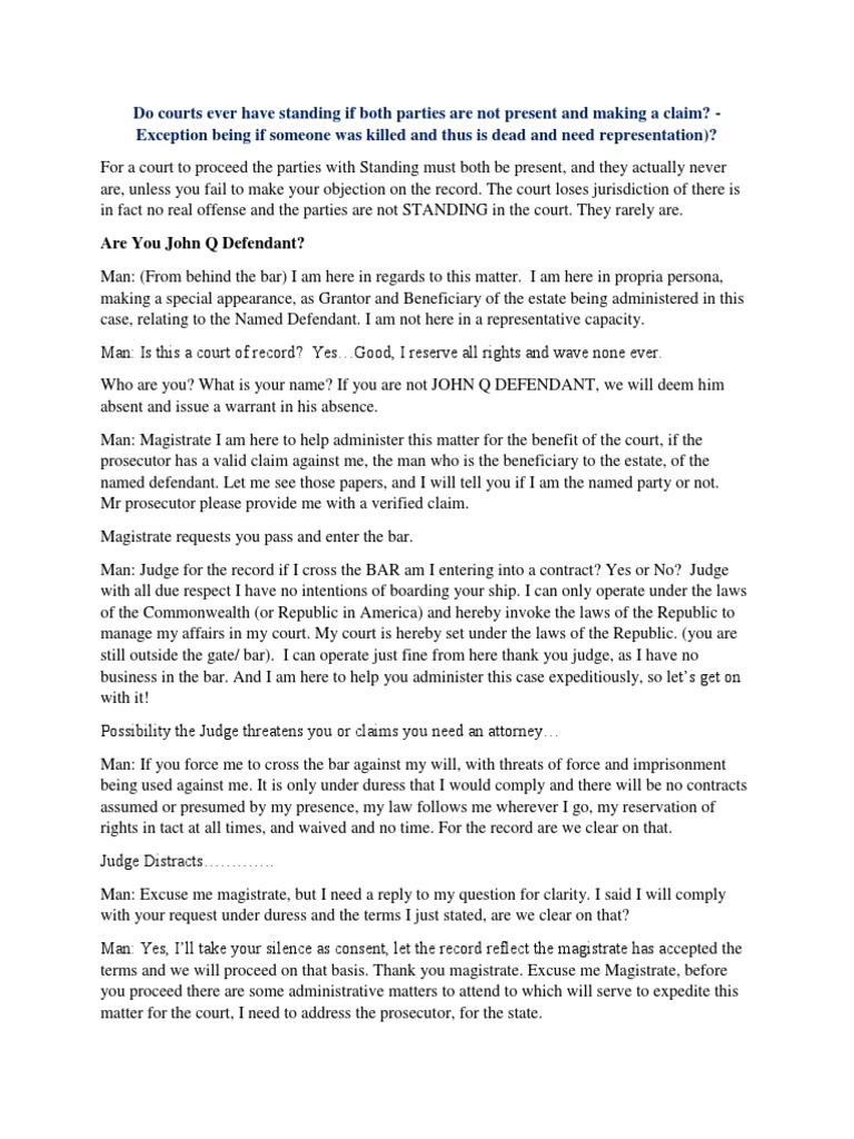 Court Script To Void Jursidicton For Lack of Standing | PDF ...