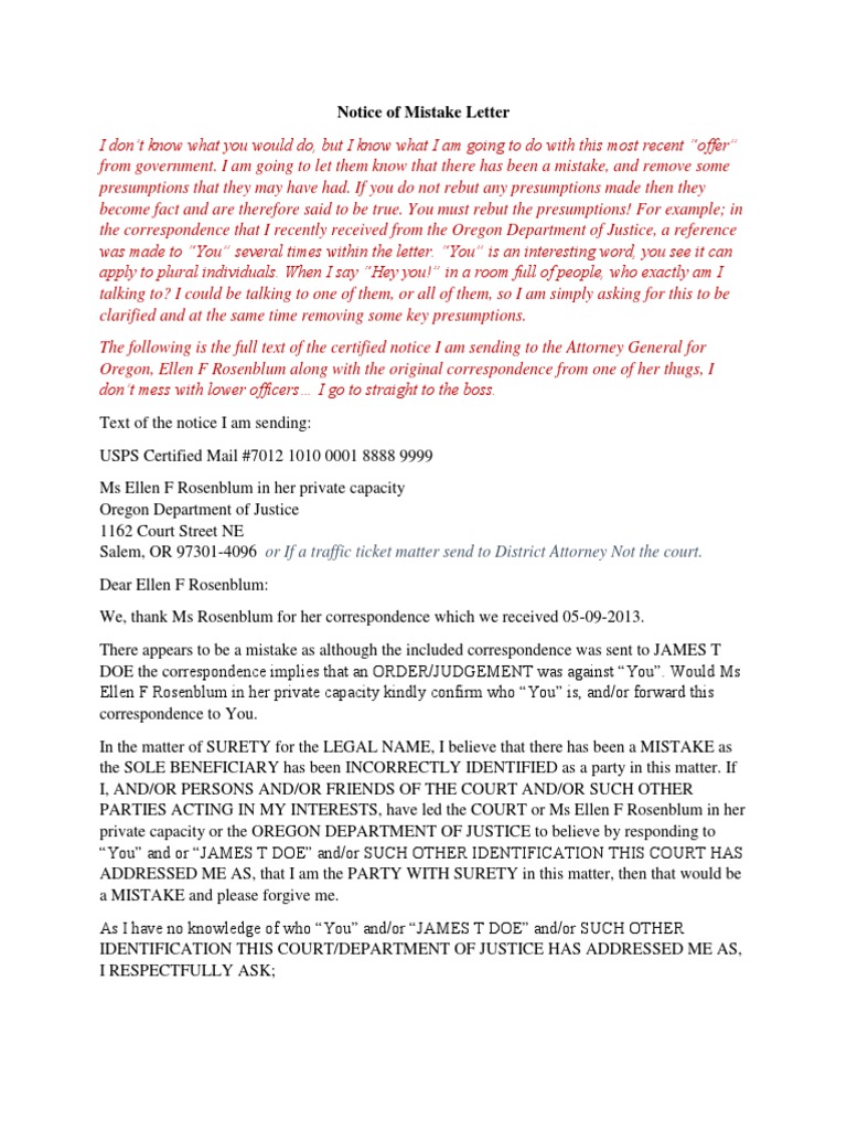 Notice of Mistake Cover Letter | PDF