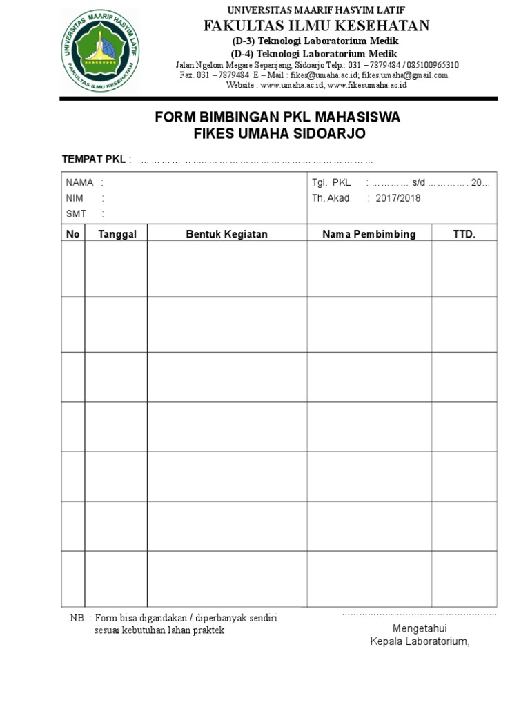 Form Bimbingan PKL Mahasiswa FIKES UMAHA | PDF