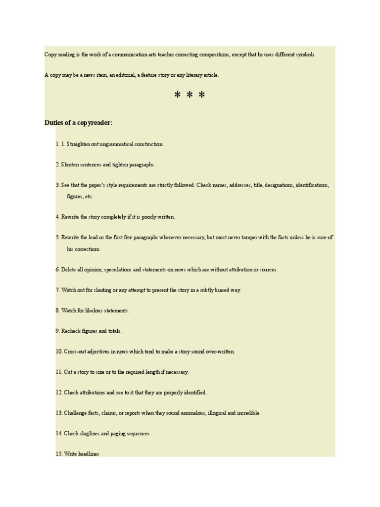 Duties of A Copyreader | PDF | Linguistics | Paragraph