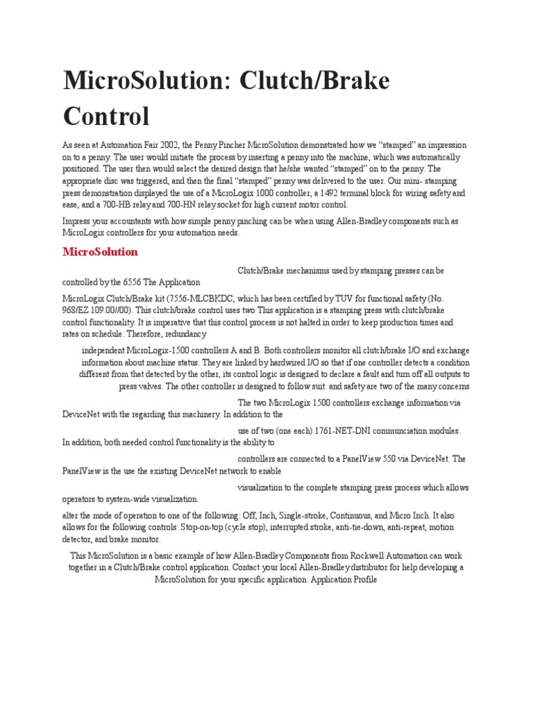 Microsolution: Clutch/Brake Control | PDF | Automation | Relay Microsolution: Clutch/Brake Control | PDF | Automation | Relay