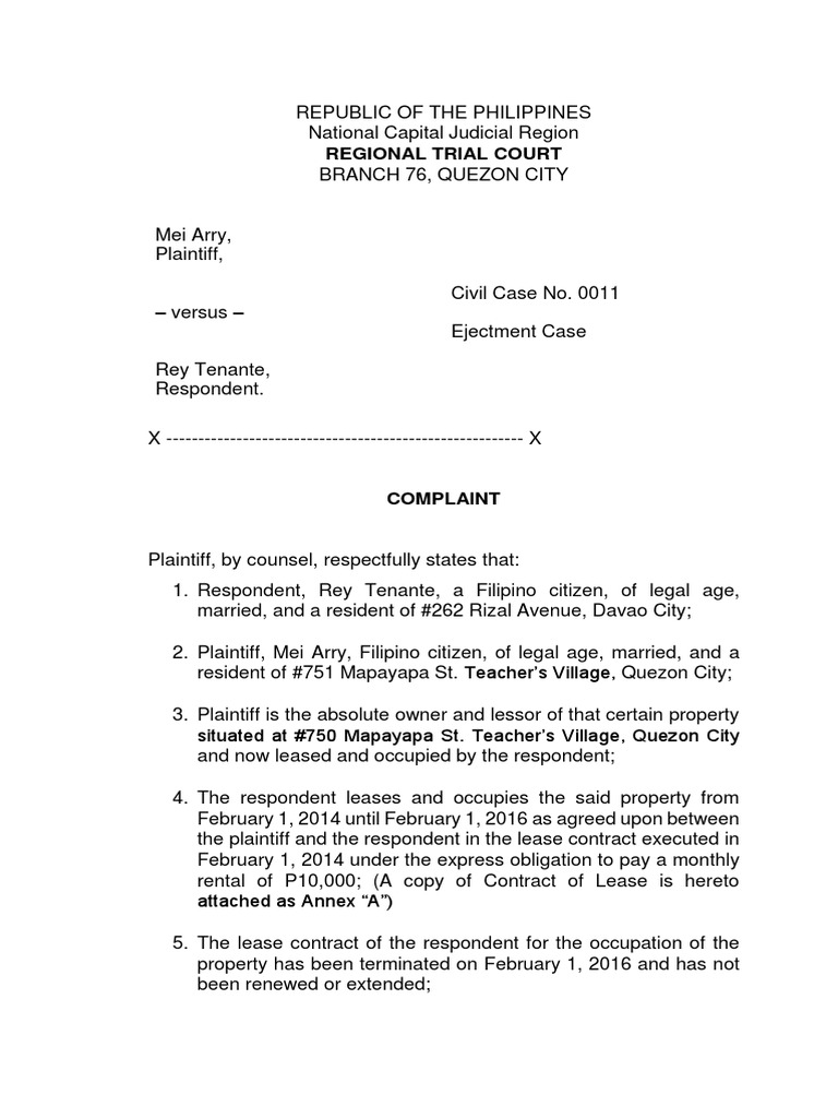 Complaint - Affidavit Sample | PDF | Lease | Complaint