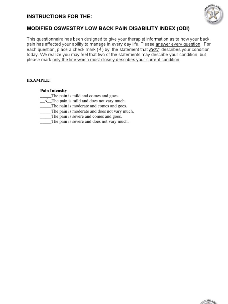 Instructions For The: Modified Oswestry Low Back Pain Disability Index ...