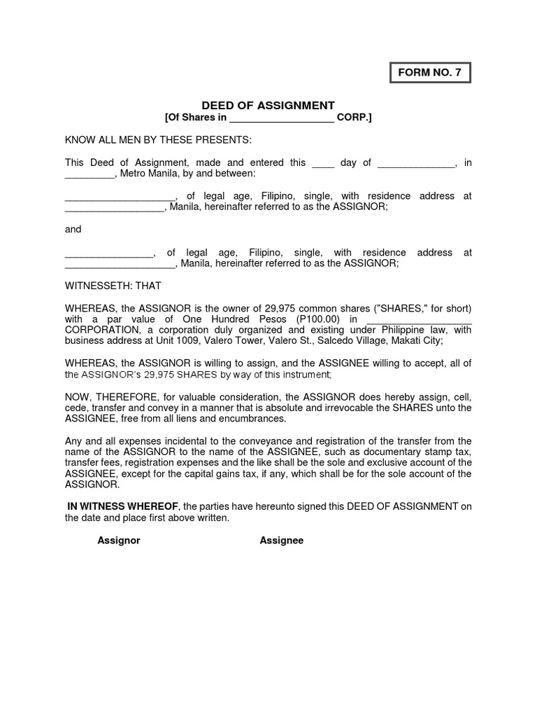 Deed of Assignment for Transferring Ownership of Shares in a ...