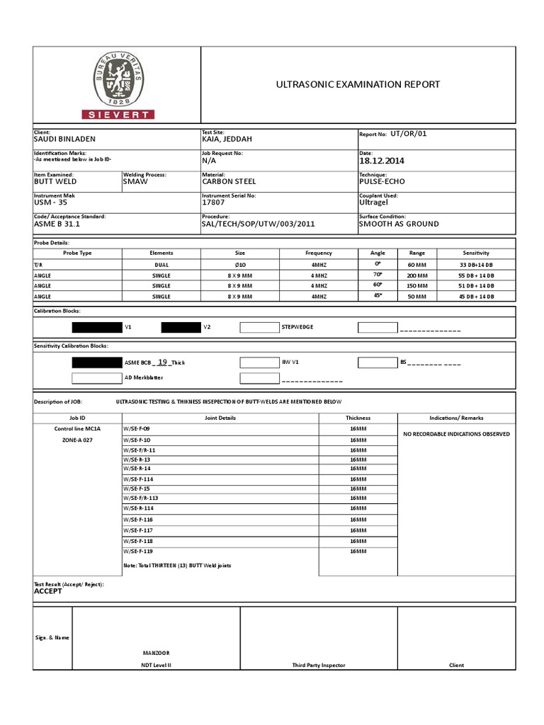 Ultrasonic Examination Report: UT/OR/01 | PDF | Welding | Construction