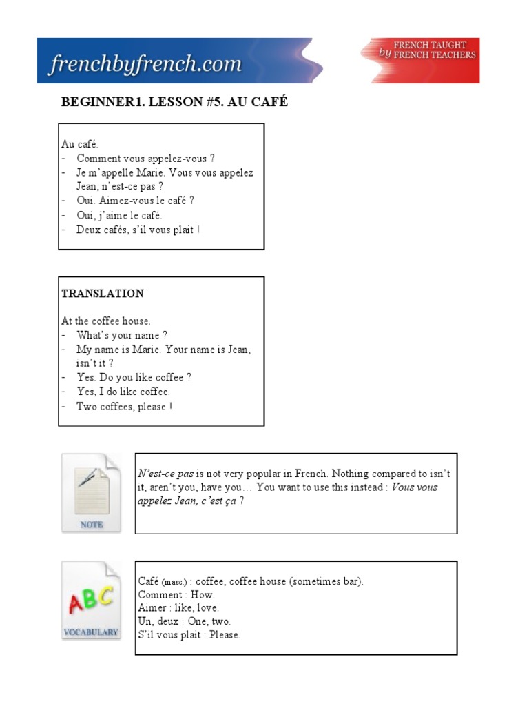 French Lesson 5: Au Café Basics | PDF | Language Arts & Discipline