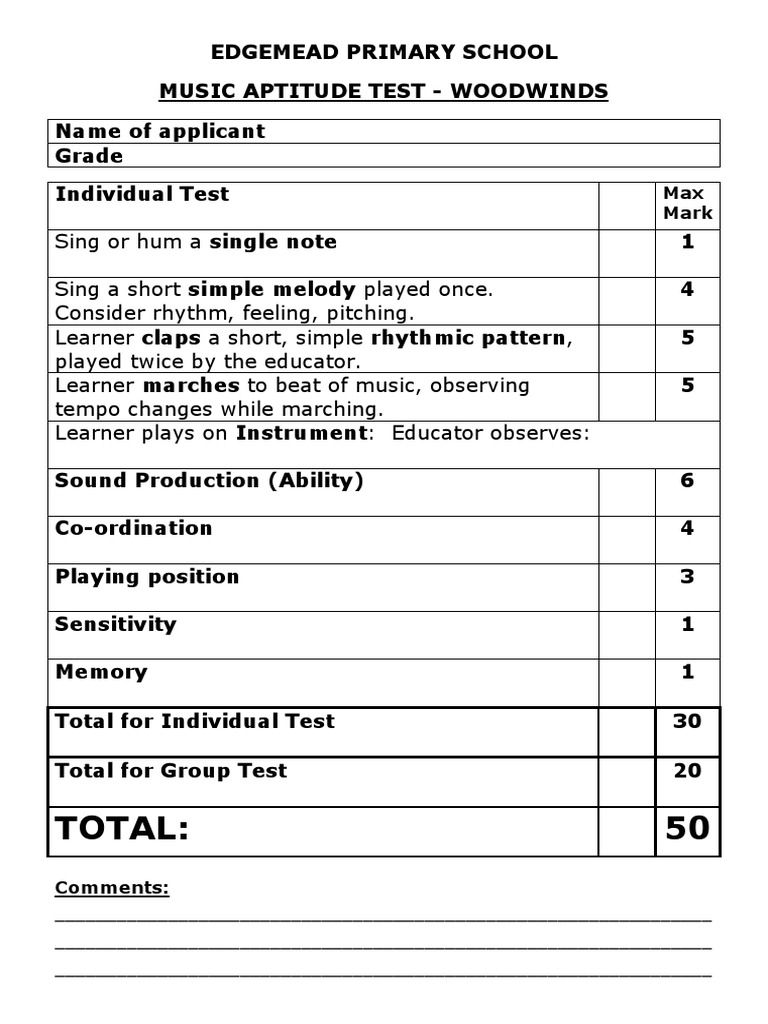 Total: 50: Edgemead Primary School Music Aptitude Test - Woodwinds Name ...