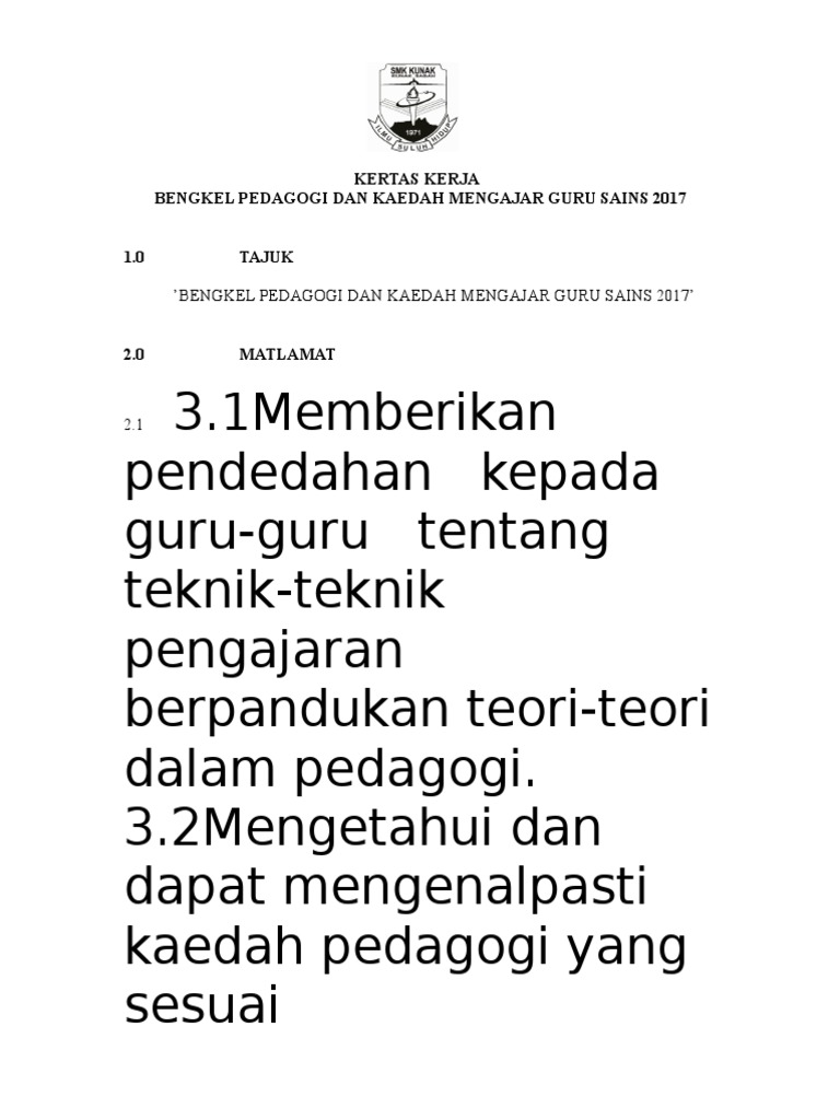 Kertas Kerja Bengkel Pedagogi Guru Sains | PDF