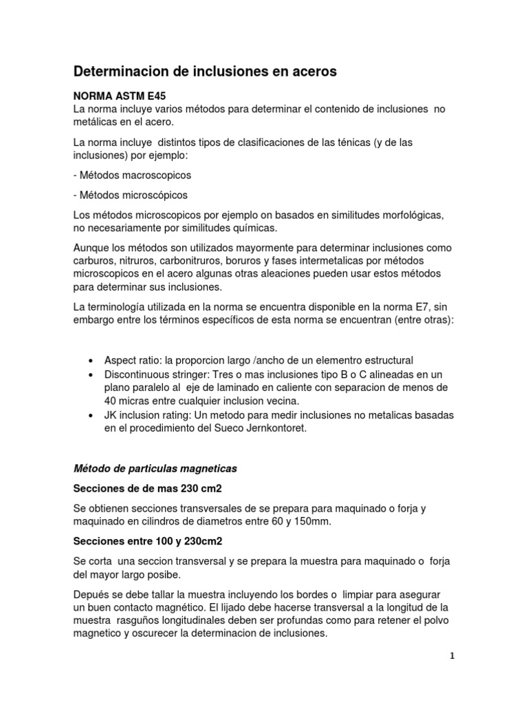 Inclusiones en Aceros (ASTM) E45 | PDF | Tratamiento a base de calor ...