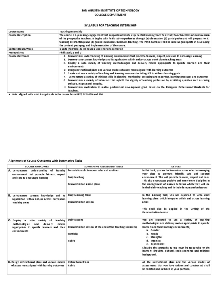 Teaching Internship Syllabus | PDF | Educational Assessment ...