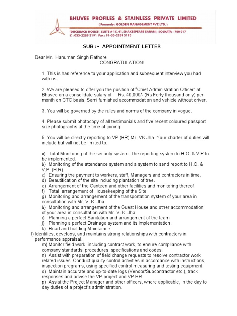Appointment Letter Chief Adm Officer | Specification (Technical ...