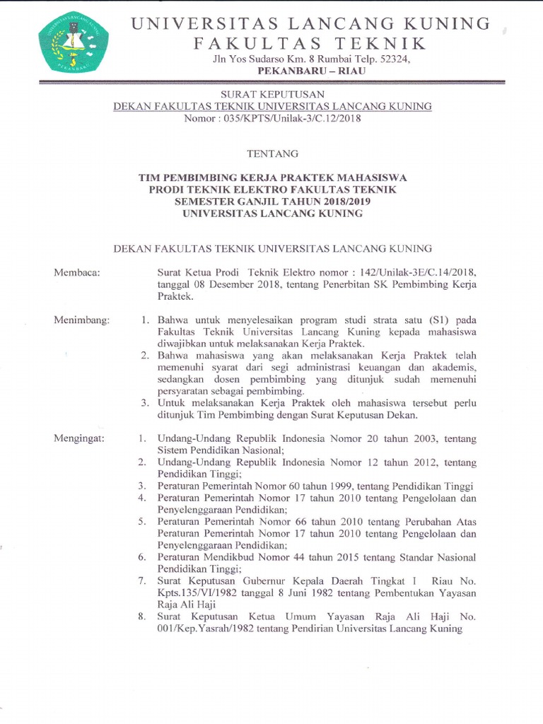 035-SK Dekan Tentang Tim Pembimbing Kerja Praktek T. Elektro Ganjil 2018-2019 PDF | PDF