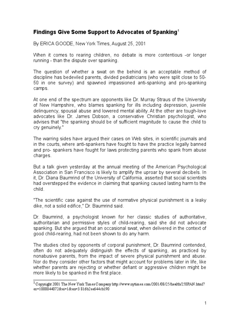 Findings Give Some Support To Advocates of Spanking - Goode NYT (2001 ...