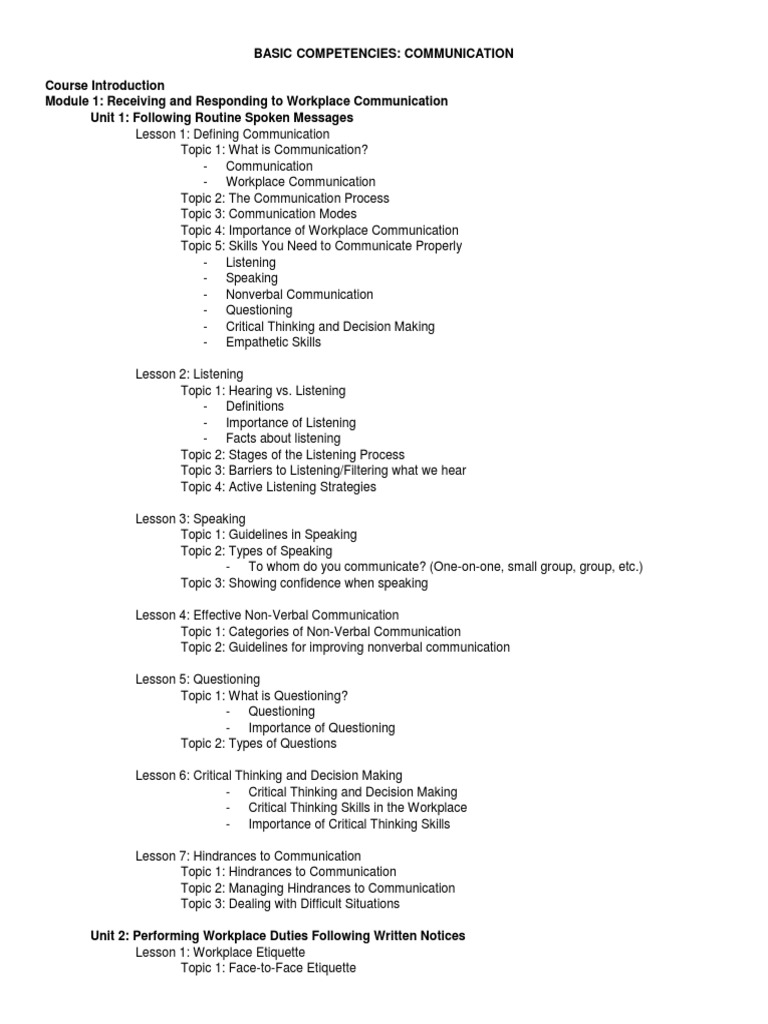 eTESDA - Communication Course Outline | PDF | Nonverbal Communication ...
