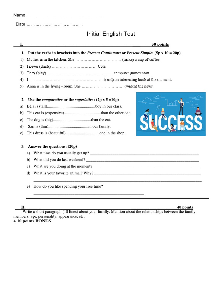 Initial English Test: - I. - 50 Points | PDF