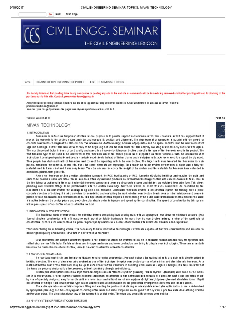 Civil Engineering Seminar Topics - Mivan Technology | PDF | Precast ...