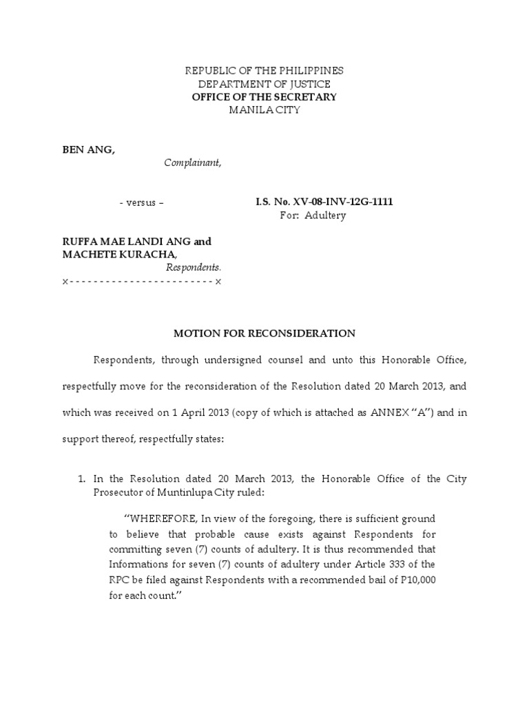 Sample Motion Fore Reconsideration | PDF | Evidence | Burden Of Proof (Law)