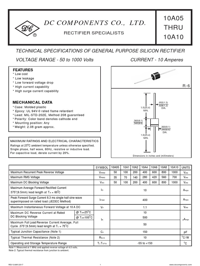 DC Components Co., LTD.: 10A05 Thru 10A10 | PDF | Rectifier | Electric ...