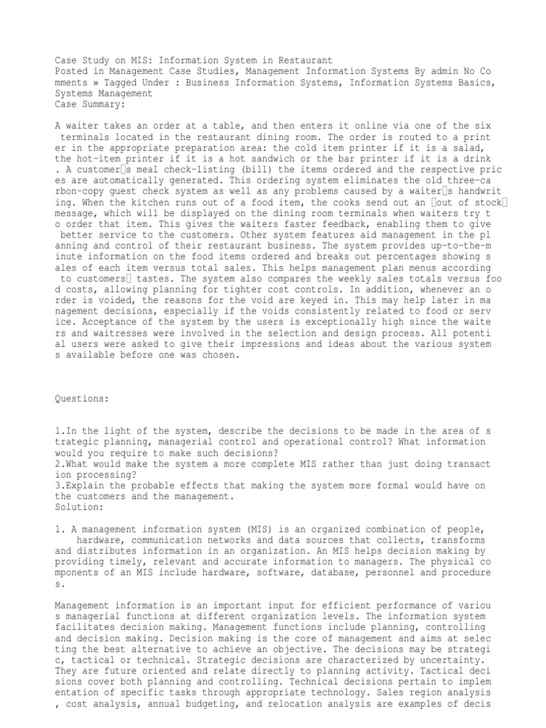 Restaurant MIS Case Study Analysis | PDF | Management Information ...