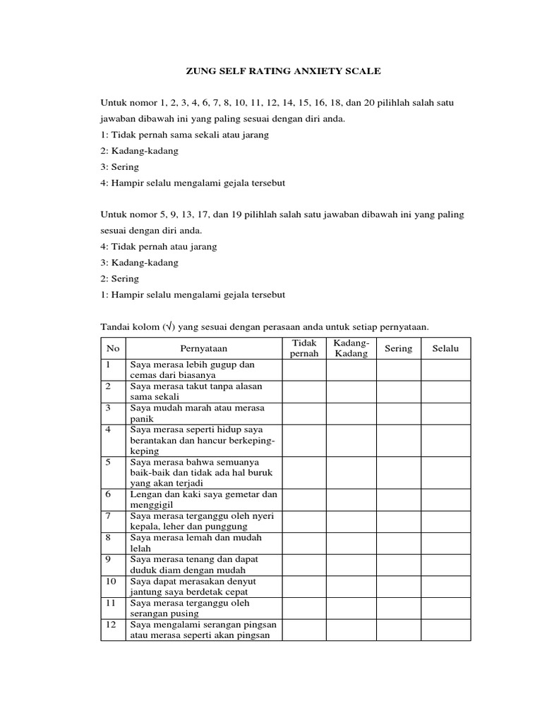 Zung Self Rating Anxiety Scale | PDF | Pengembangan Diri