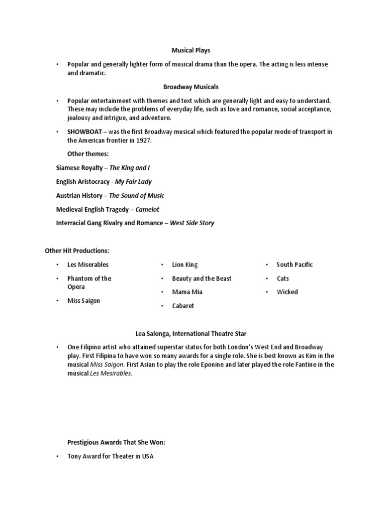 Musical Plays HANDOUT | PDF | Musical Theatre | The Phantom Of The Opera