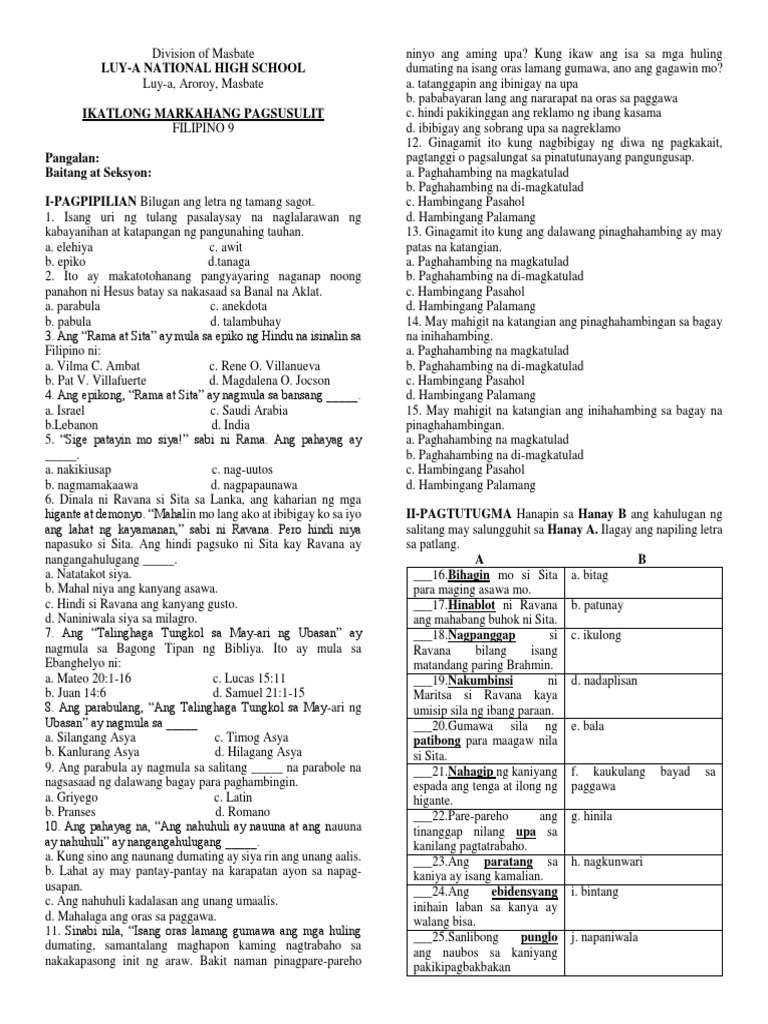 Grade 9 Exam Filipino | PDF