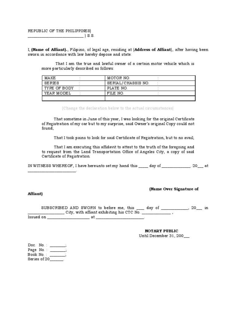 Affidavit of Loss Sample | PDF