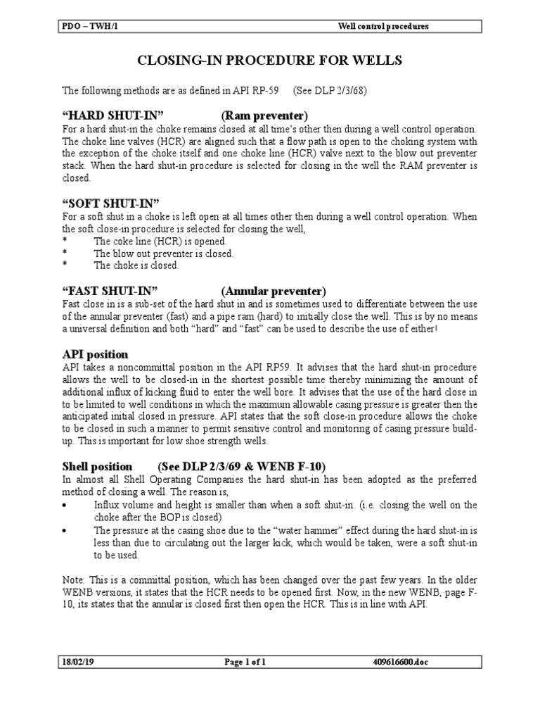 Closing-In Procedure For Wells: "Hard Shut-In" (Ram Preventer) | PDF ...