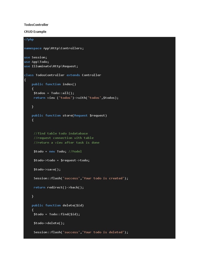 Todoscontroller Crud Example: ?PHP Namespace Use Use Use Class Extends Public Function ...