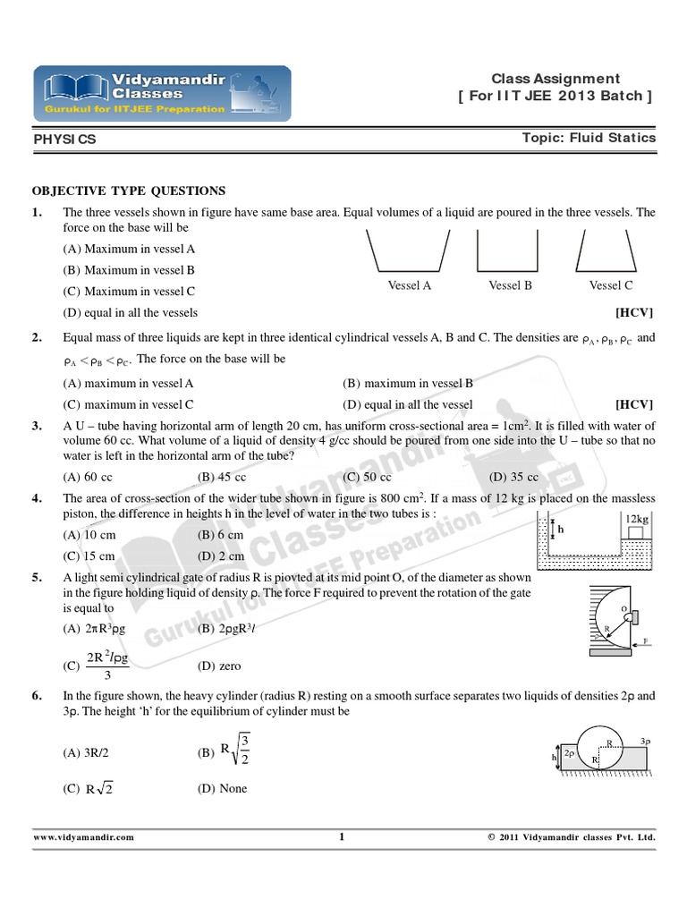Physics Topic: Fluid Statics: Class Assignment (For IIT JEE 2013 Batch) | PDF | Buoyancy | Physics