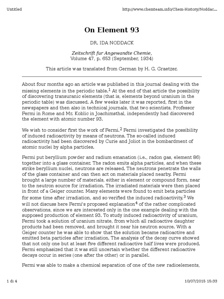 Ida Noddack - On Element 93 | PDF | Radioactive Decay | Chemical Elements