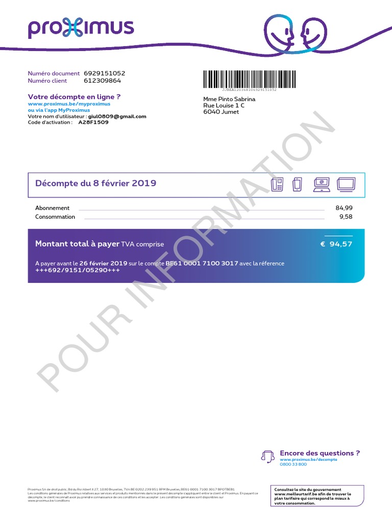 Facture Proximus de Février 2019 | PDF | Télécommunications | Réseau ...