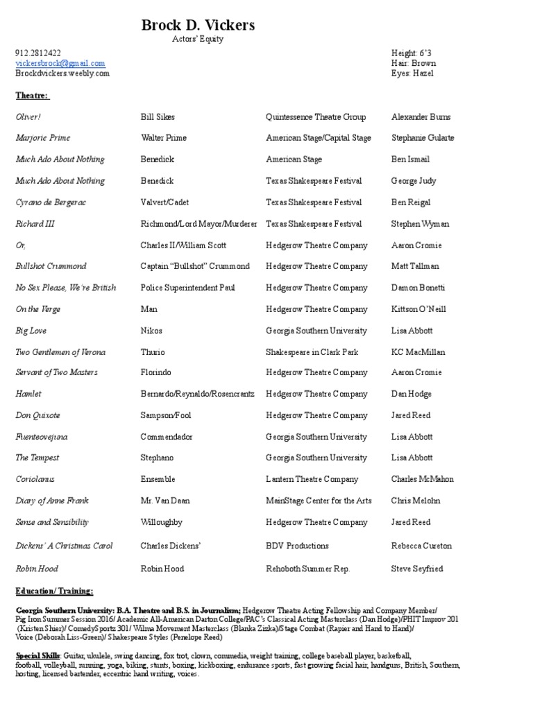 Brock Vickers Theatre Resume Current | PDF | Theatre | Leisure