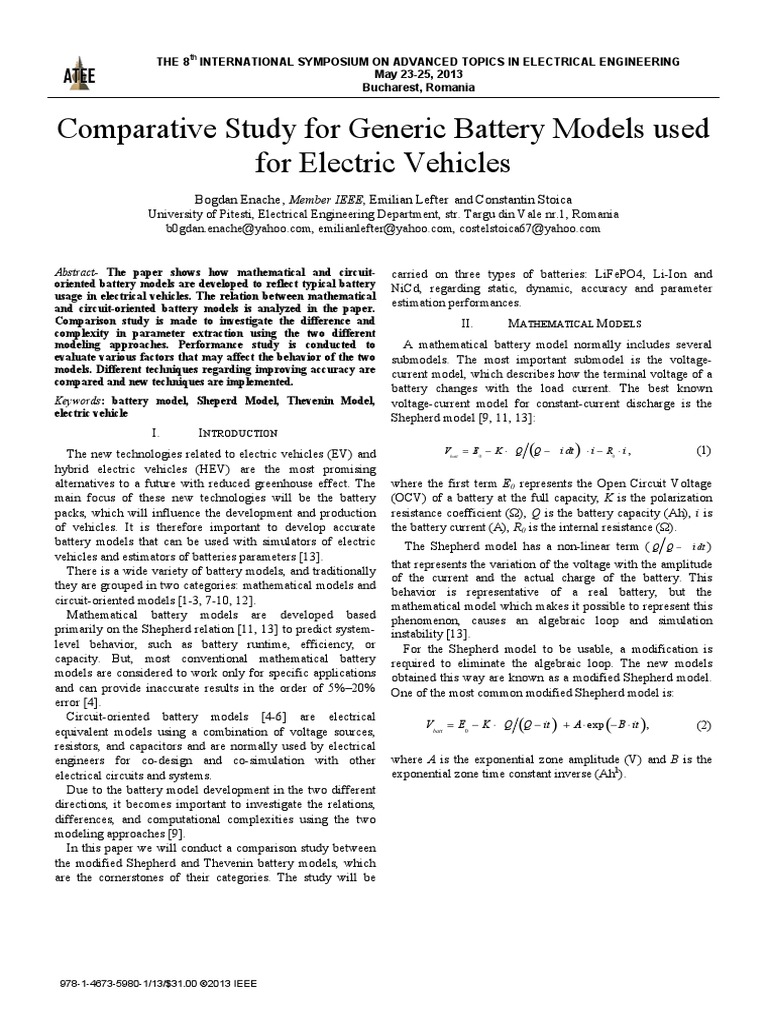 Comparative Study For Generic Battery Models Used For Electric Vehicles ...
