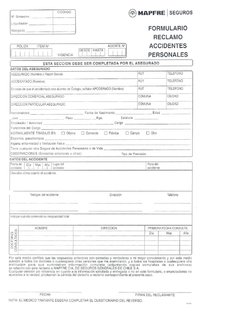Formulario Reclamo Accidentes Personales MAPFRE PDF | PDF