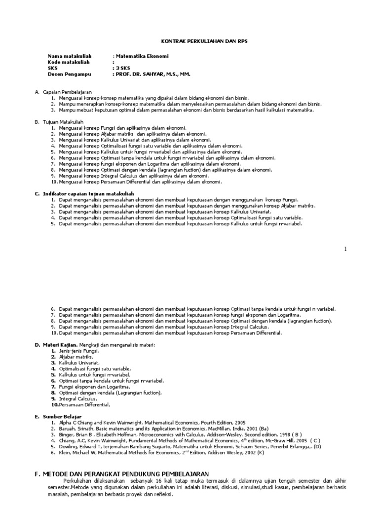 Rps Matematika Ekonomi | PDF