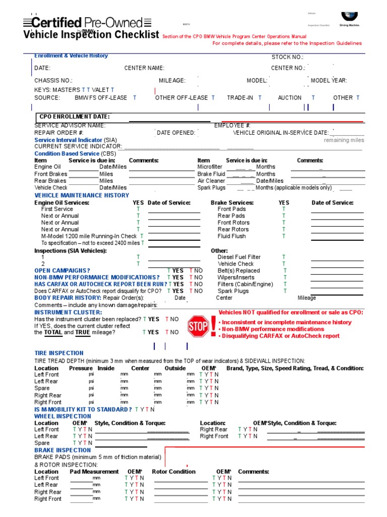 BMW CPO Checklist 4 21 | PDF | Trunk (Car) | Tire