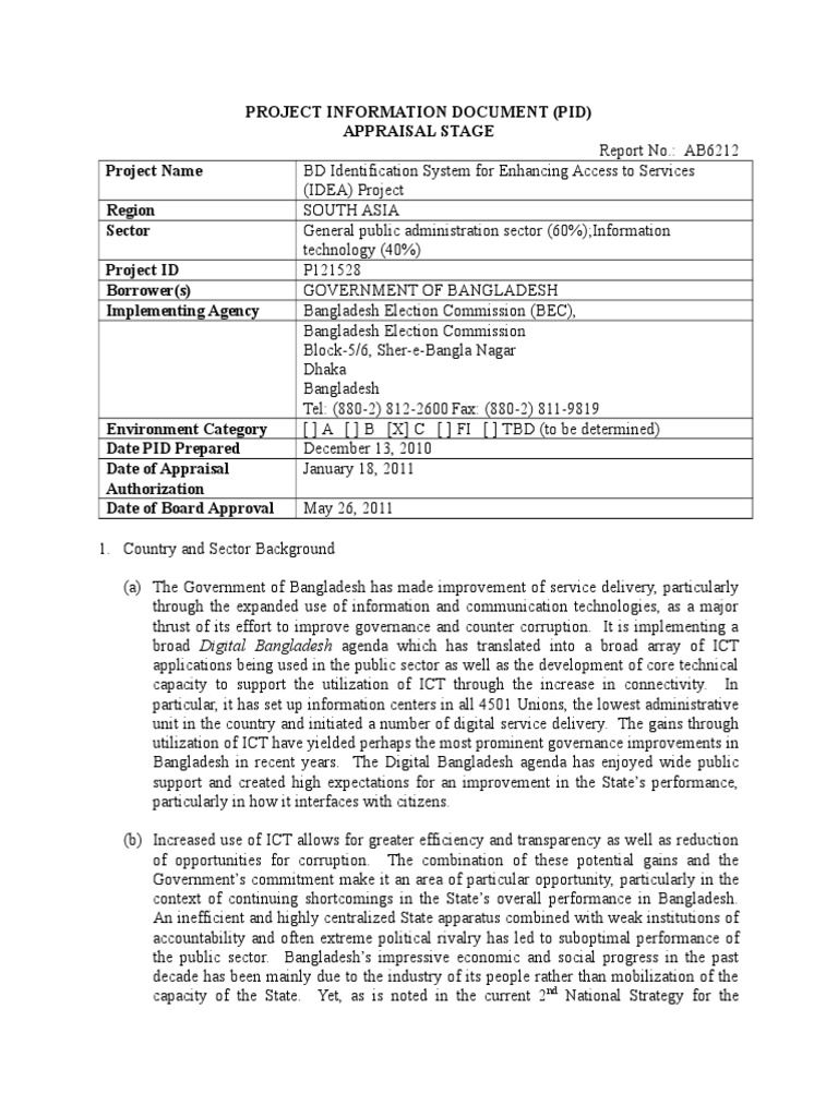 Project Information Document (Pid) Appraisal Stage Project Name Region ...