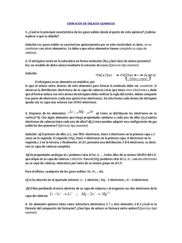 Ejercicios De Enlaces Quimicos Resueltos Pdf Enlace Químico