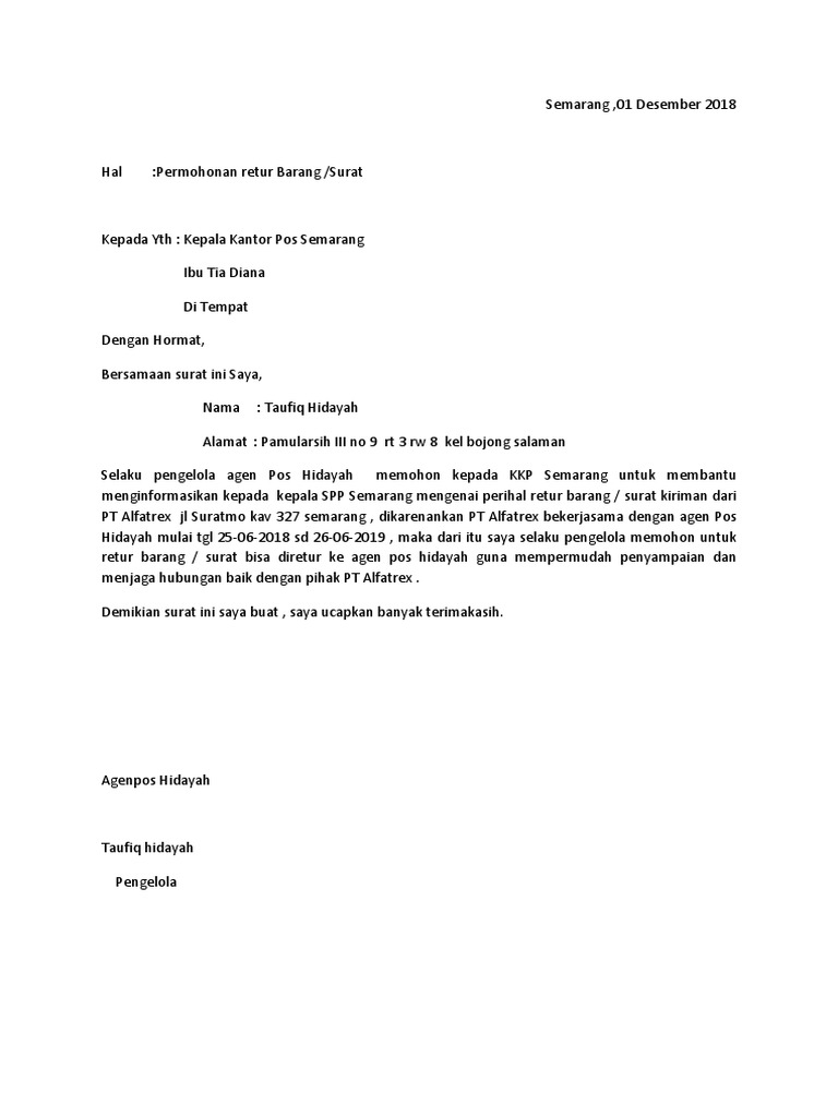 Surat Permohonan Retur Barang | PDF