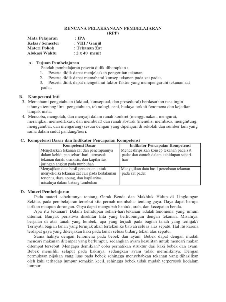 RPP IPA Kelas VIII: Tekanan Zat | PDF