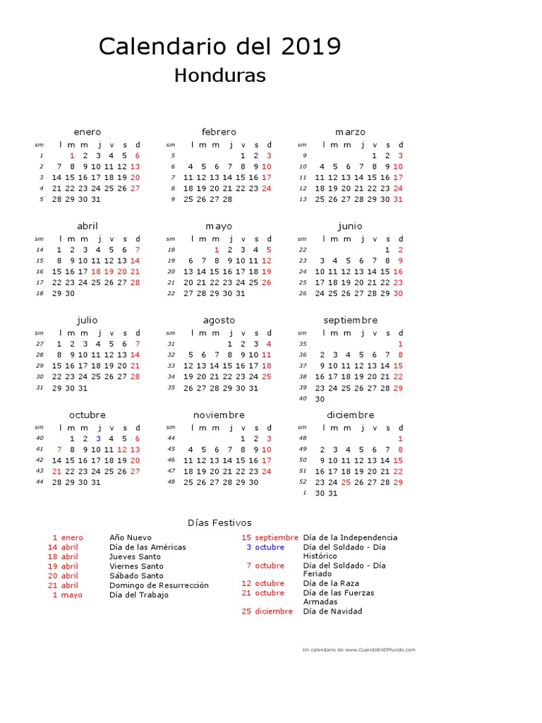 Calendario de Honduras Del 2019 - ¿Cuándo en El Mundo | PDF ...
