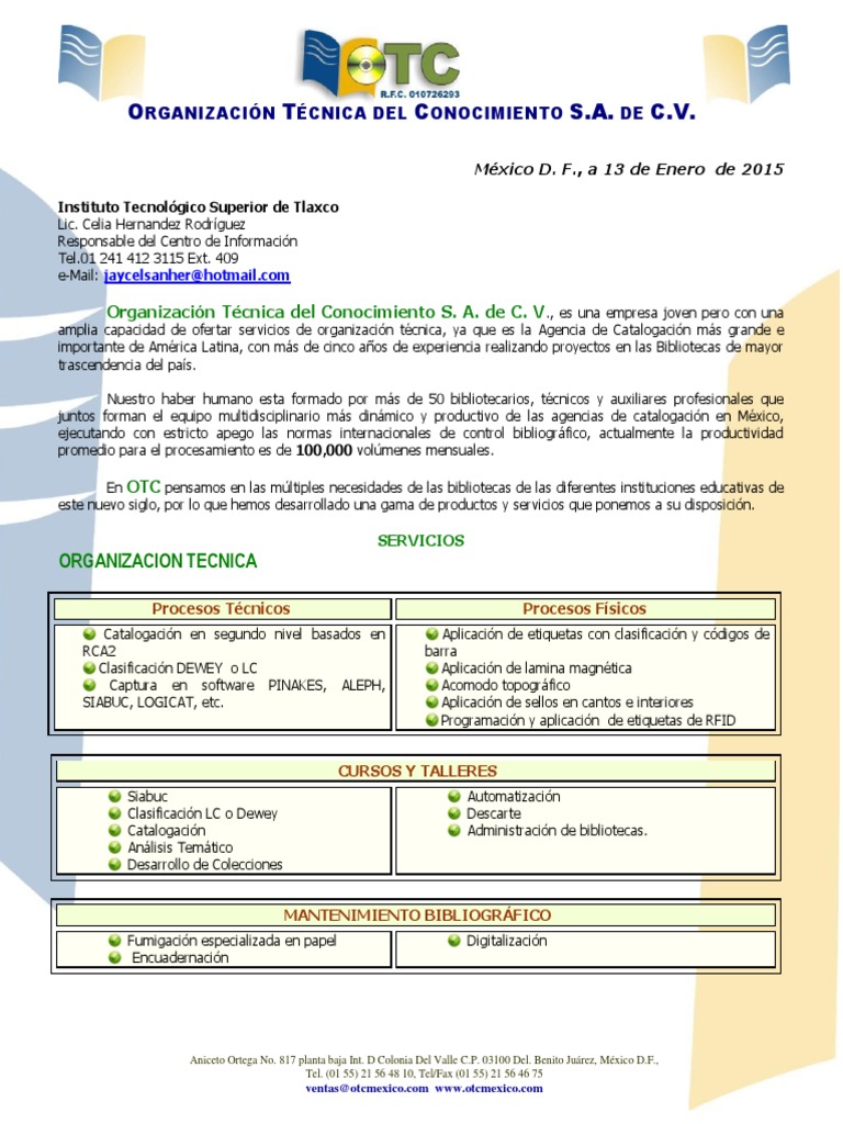 Carta de Presenta Cion de Productos y Servicios de Otc PDF | PDF | Catalogación | La ciencia de ...