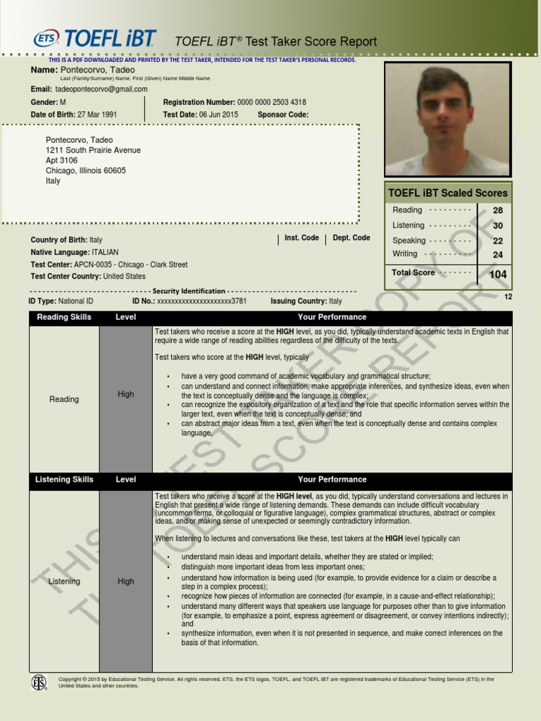 TOEFL-iBT Score Report, Pontecorvo T. 55882 | PDF | Test Of English As ...