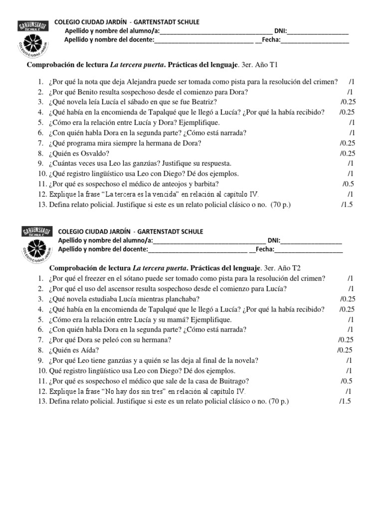 Comprobación de Lectura La Tercera Puerta | PDF | Ocio