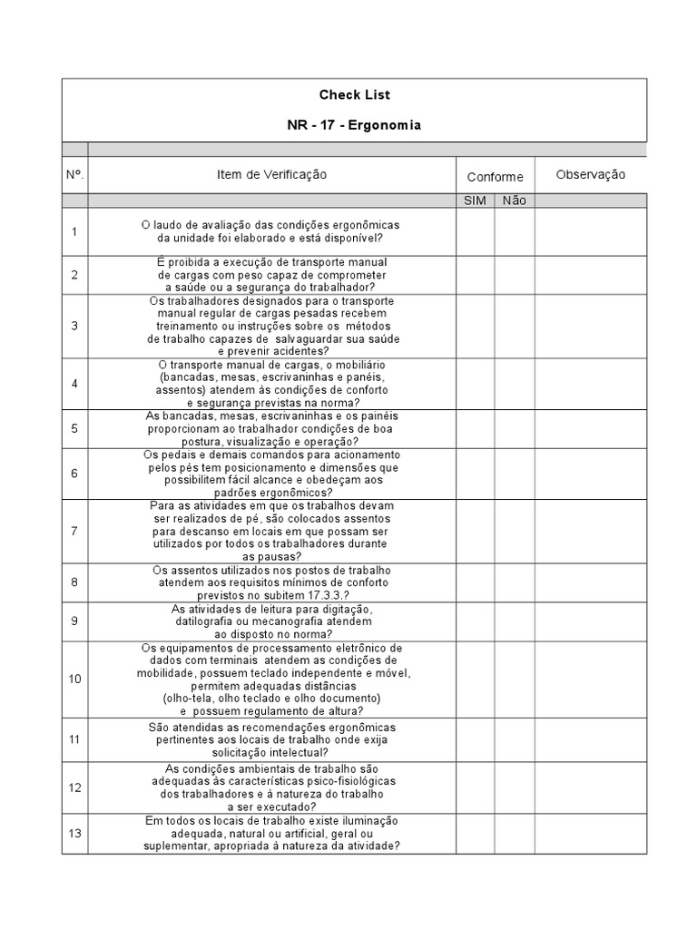 Check List - NR 17 - Ergonomia - Doc-1 | PDF | Fatores humanos e Ergonomia